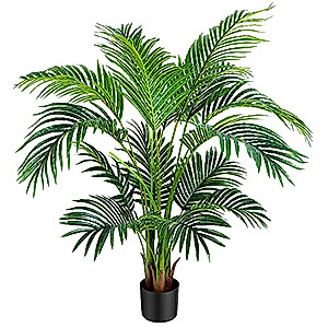Worth Garden 4ft Artificial Areca Palm Plant, Fake Cane Palm Silk Tree Indoor Outdoor, Dypsis Lutescens, 47in Realistic Faux Silk Plants for Office Decoration, Pot & 20g Dried Green Moss Included
