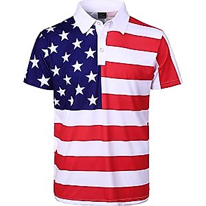 LINOCOUTON Mens American Flag Patriotic Golf Polo Shirt 4th of July Short Sleeve Stars Stripes Pieced Outfit, White, Large