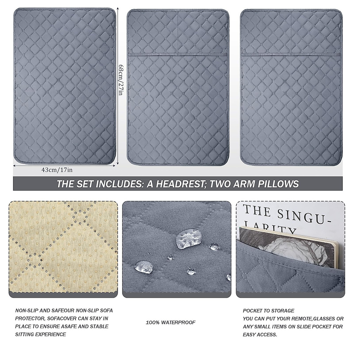 Ganeen 3 Pcs Sofa Armrest Cover 1 Seater Sofa Headrest Slipcovers Nonslip Armchair Cover 27 x 17 Inch Water Proof Furniture Protector with Pocket for Recliner Leather Sofa Couch(Gray)