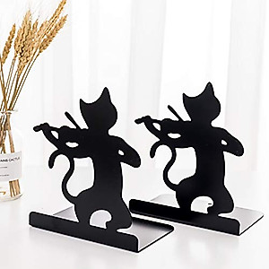 Cute Animal Metal Cat Book Ends Novelty Black Music Cat Play Bookends Decorative for Shelves Iron Cat Book Stand Anti-Slip Heavy Duty Desktop Organizer Book Shelf Holder for Library School Office Home