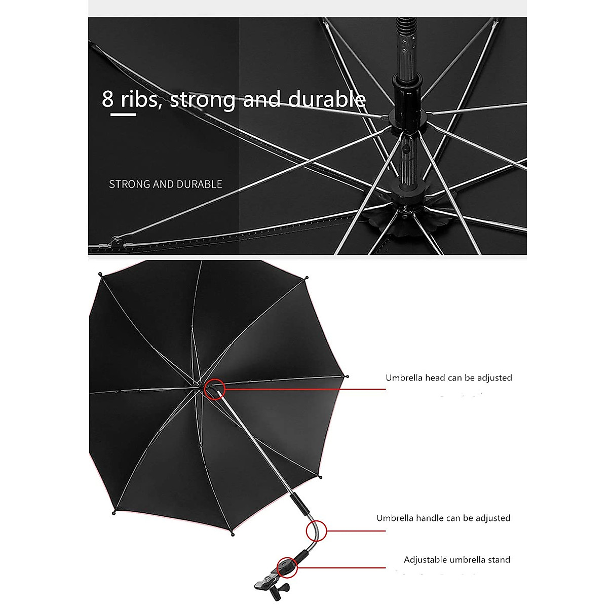 Upwsma Portable folding sun umbrella, beach umbrella with universal clamp, SPF 50+ adjustable umbrella for strollers, beach chairs, wheelchairs (Large- Blue)