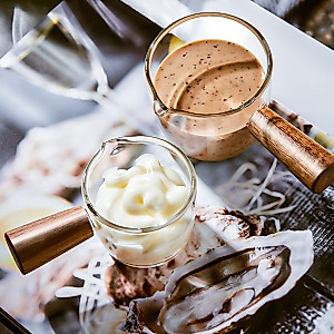 Single Spout Espresso Coffee Shot Glass with Wood Handle Measuring Cup Triple Pitcher Milk Cup Coffee Replacement Carafe for Barista Milk Espresso Making, 75 ml (2 Pieces)