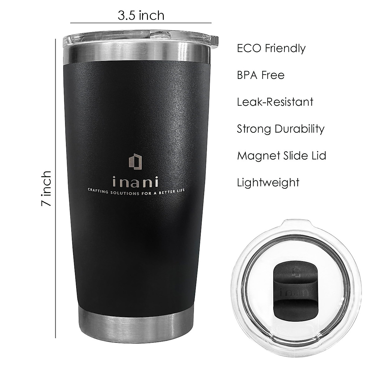 inani 20oz Stainless Steel Tumbler, Insulated Travel Coffee Cup, Leak-Resistant, Spill-Proof Lid, Dishwasher Safe, BPA-Free, Double-Wall Insulated Premium Travel Mug For Hot Or Iced Coffee, Black