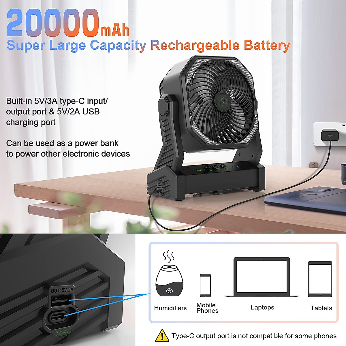 Gewanolla Camping Fan with LED Light, 20000mAh Rechargeable Battery Operated Camp Fan with Hook, 270° Pivot, 4 Speeds, USB Table Fan for Camping, Fishing, Power Outage, Barbecue, Jobsite