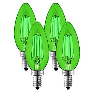 SLEEKLIGHTING 5Watt E12 LED Filament Candelabra Green Light Bulb, (60W Incandescent Replacement) Chandelier Torpedo Tip, Clear Glass Cover E12 Base 4 Pack