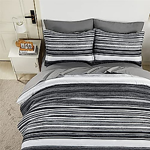 KAKIJUMN 7 Piece Bed in a Bag Stripe Comforter Set Queen Size, White Grey Black Patchwork Striped Comforter and Sheet Set, All Season Soft Microfiber Complete Bedding Sets(Grey,Queen)