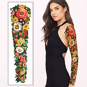 SOOVSY 46 Sheets Full Arm Temporary Tattoo for Men Women with Lion Lily Daisy Peony Rose, Half Arm Temporary Tattoos for Adults with Butterfly Bird Snake, Fake Tattoos That Look Real and Last Long