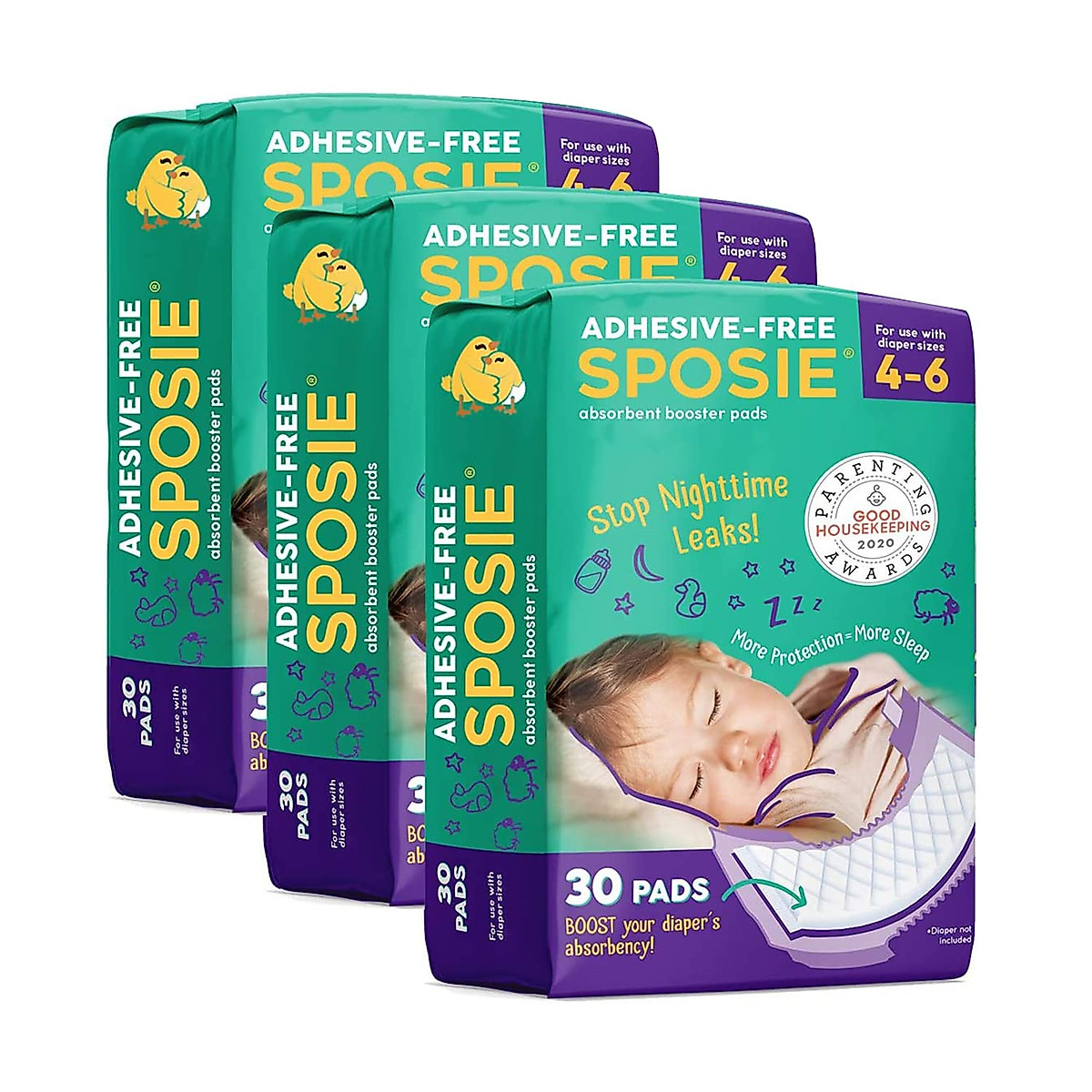 Sposie Diaper Booster Pads / Overnight Diapers Alternative, 90 ct. | Stops Nighttime Leaks, Helps Prevent Diaper Rash, Extra Protection for Boys & Girls | No Adhesive | Fits Diaper Sizes 4-6