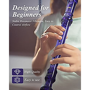 Eastar Soprano Recorder Instrument for Kids Students Beginners, German fingering C Key Recorder Instrument 3 Piece with Cleaning Kit, Storage Bag, Fingering Chart, ERS-1GPu, Purple, School-Approved