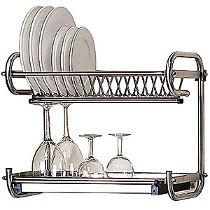 Kitchen Hardware Collection 2 Tier Dish Drying Rack Stainless Steel Wall Mounted Or Stand On Countertop Draining Rack 23.2 Inch Length 20 Dish Slots Organizer with Drainboard for Cup Plate Bowl