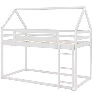 MERITLINE House Shaped Bunk Bed Twin Over Twin Size Wood Bunk Bed Frame Low Bunk Beds for Kids and Toddlers, Twin Size,White