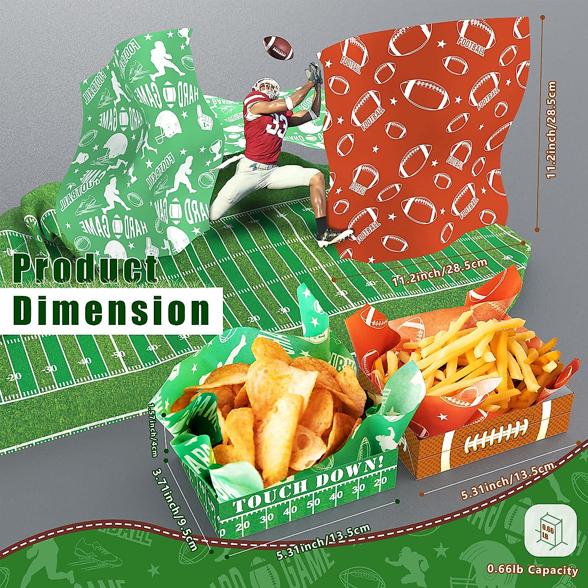 Axyi 50 Pack Football Party Paper Food Trays, Superbowl Party Decorations, Disposable Food Serving Paper, Football Party Food Boats Hot Dog Trays Movie Snack Trays, Combination