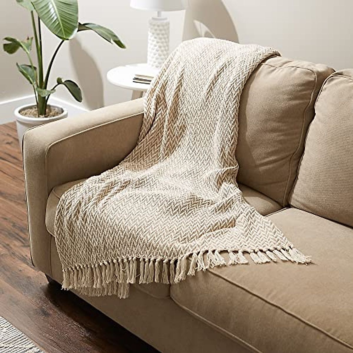 DII Modern Zig Zag Throw Blanket Woven Cotton, Hand-Knotted 2.5" Fringe, 50x60, Stone