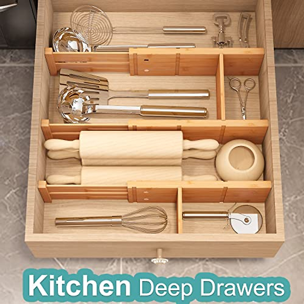 Vriccc 4.4" High Drawer Dividers with Inserts, Bamboo Drawer Dividers for Clothes, Expandable from 12-17.5", Adjustable drawer organizer for Bedroom, Kitchen & Office, 4 Dividers with 8 Insert.