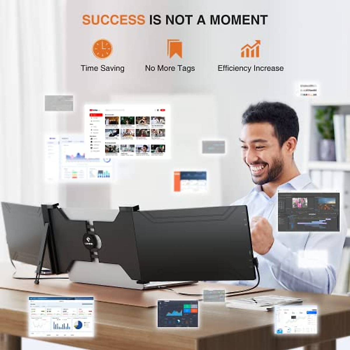 LIMINK 15.4" Portable Triple Monitor for 15.6-18.5” Notebooks | 1080P IPS Double Freestanding Narrow-Bezel Laptop Screen Extender | Compatible with MacOS & Windows | Powered by USB-C & HDMI