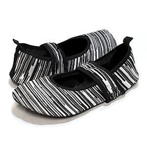 Nufoot Futsole Women's Soft-Sided Shoes for Indoors/Outdoors, Foldable & Flexible Footwear for Sport, Exercise, Yoga or Travel, Dance Shoes, Black/White Sporty Stripes, X-Large