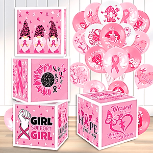 Breast Cancer Awareness Balloon Boxes Decorations - 4 Pcs Breast Cancer Awareness Party Decorations for Pink Ribbon Hope Theme Party Decorations Supplies