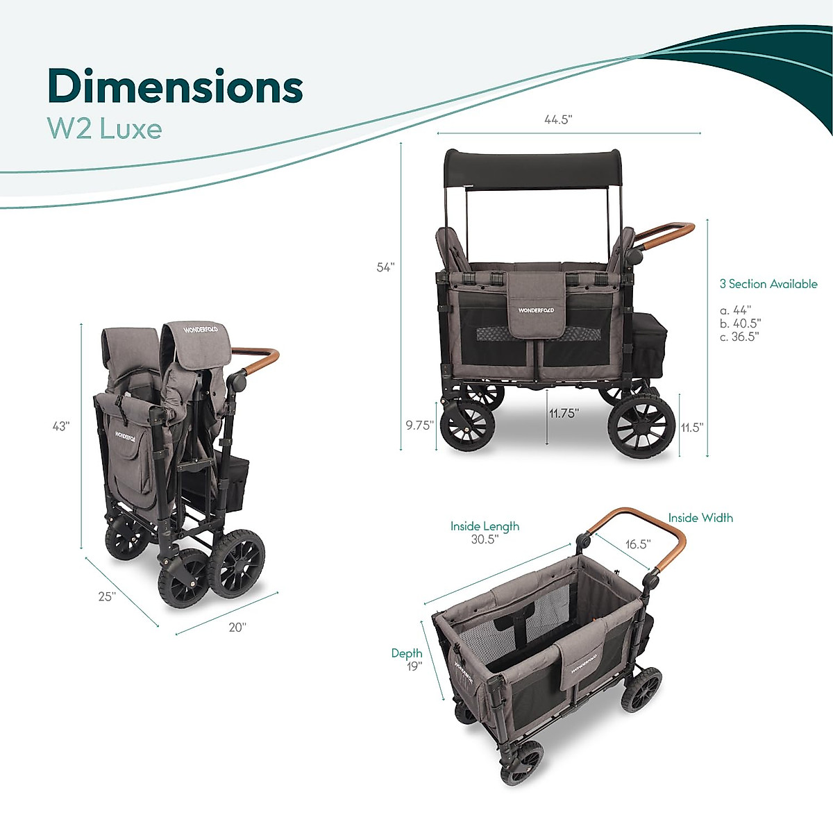 WONDERFOLD W2 Luxe Stroller Wagon (2 Seater) - Collapsible Wagon Stroller with Seats with Magnetic Buckle 5-Point Harnesses and Adjustable Sun Canopy, Charcoal Gray