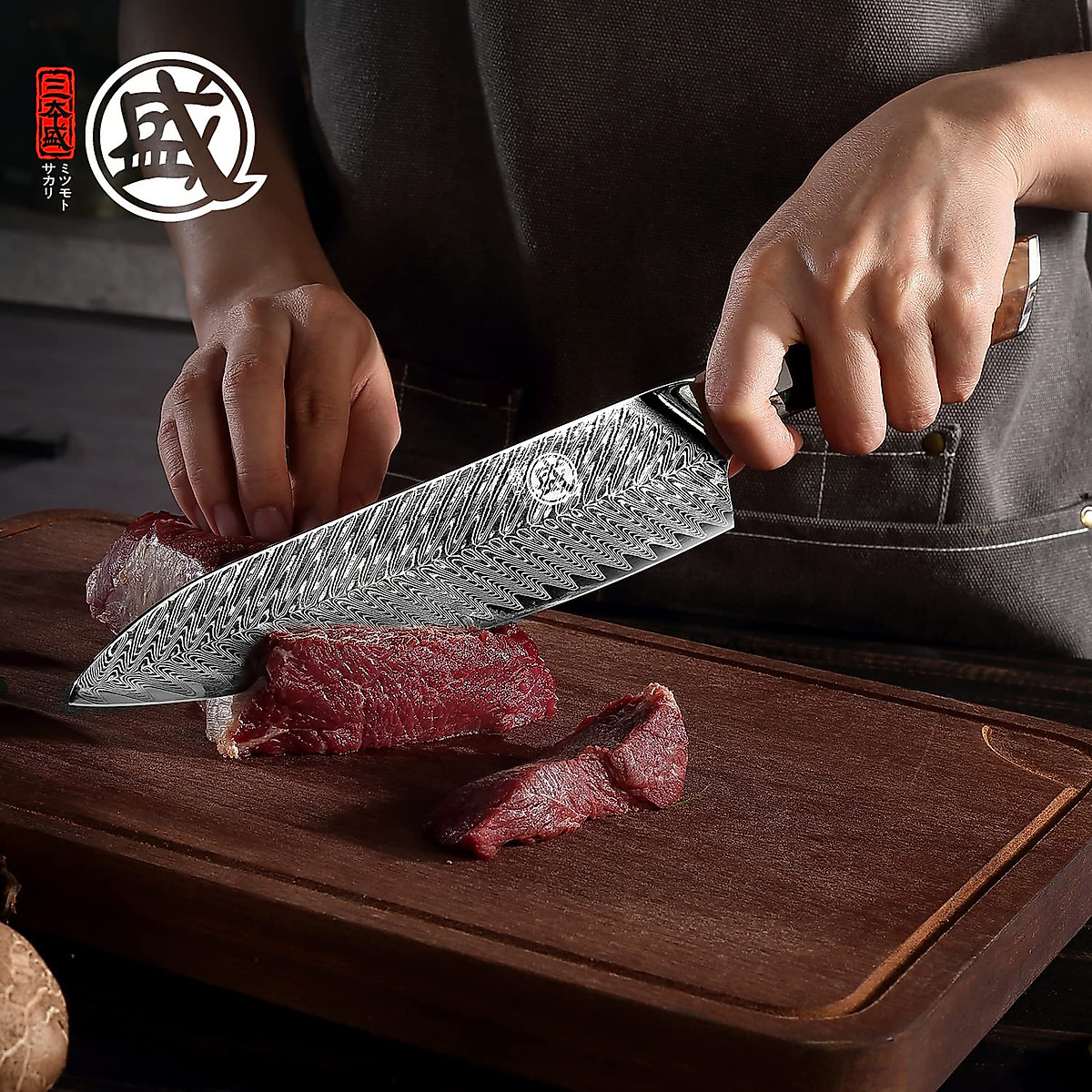 MITSUMOTO SAKARI 8.5 inch Japanese Damascus Chef Knife, Professional Hand-Forged VG-10 Damascus Santoku Knife, Ultra Sharp Meat Sushi Cleaver Kitchen Knife (Nanmu Knife Handle & Sandalwood Box)