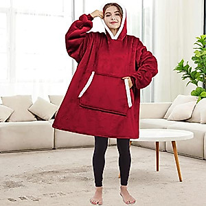 Dolloly Wearable Blanket Hoodie Super Soft Cozy Unisex Sherpa Blanket, Oversized Sweatshirt Wine Red One Size
