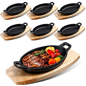 Mifoci 6 Sets Mini Cast Iron Skillets,oval Fajita Plates with Wooden Base Dish Tray Serving Sizzling Plate for Baking Roasting Cooking Grilling Appetizer (8.5x6.1x1.7 In)