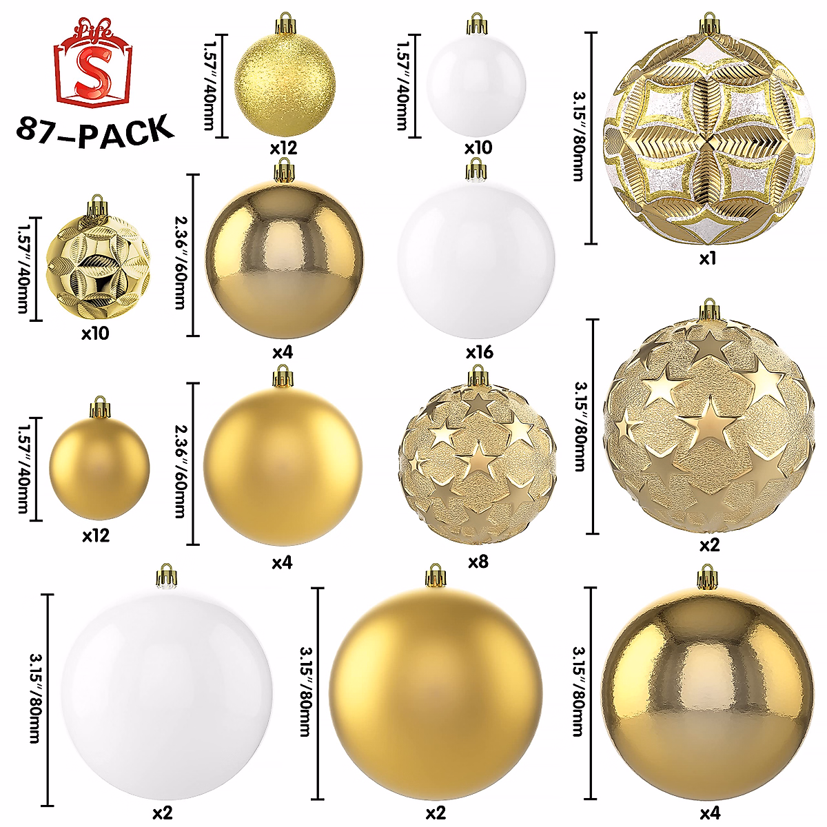 ISULIFE 87ct Christmas Ball Ornaments Set Shatterproof Seasonal Hanging Decorations with Reusable Hand-held Gift Package for Xmas Tree Holiday Party and Home Decor, Gold
