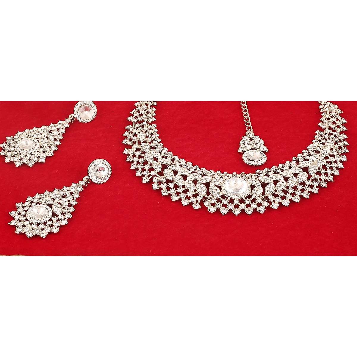 Touchstone Indian jewelry set for women rhinestone bridal necklace statement wedding brides earring formal big designer collar style trendy desi rhinestones maang tikka fashion in silver tone.