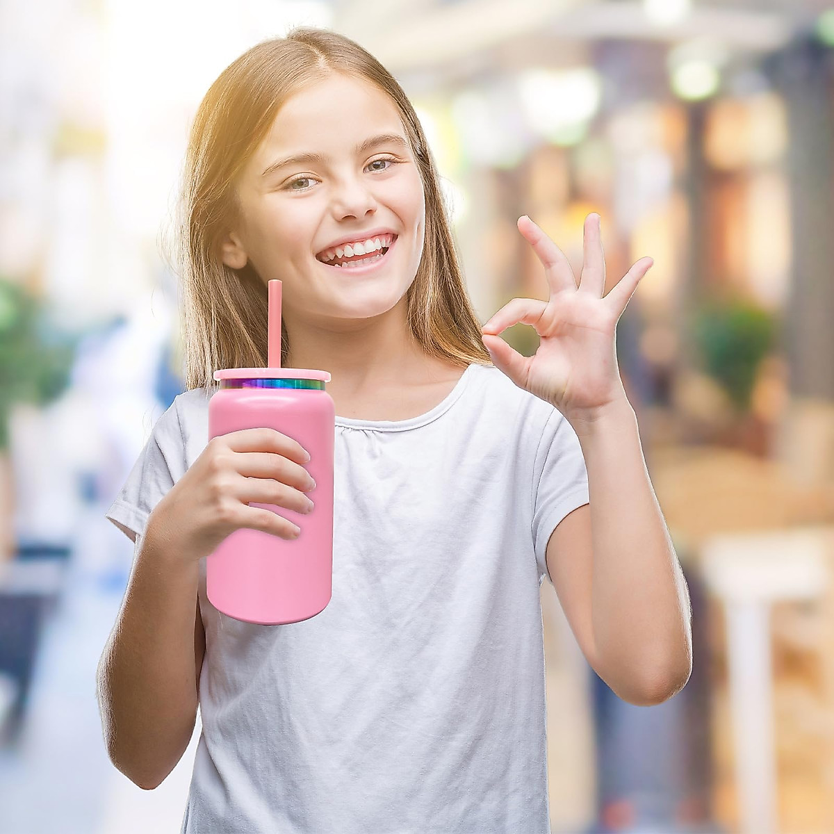 Glass Cups with Lids and Straws, 16 oz Stainless Steel Cups, Insulated Skinny Tumbler, Powder Coated Travel Mugs for Laser Engrave, Iced Coffee Cup for Smoothie Water DIY Gift (Pink,1 pack)