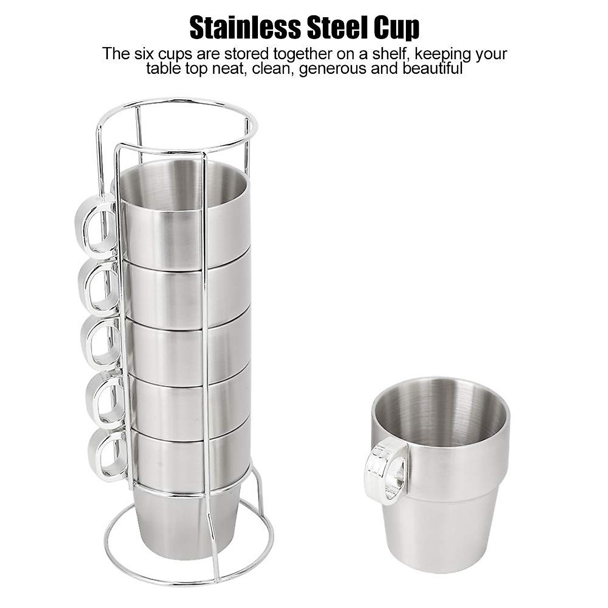 Agatige 6PCS Stackable Stainless Steel Coffee Cups, 300ml Stainless Steel Cup Stackable Coffee Mug with Rack, Insulated Coffe Cup Tea Cups Double Wall Expresso Coffee Cup Water Cup for Home,6x9.5cm