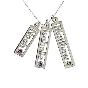 AJ's Collection Personalized Rectangle Triple Open Name Sterling Silver Necklace With Birthstone Setting. Customize a Name Charm. Sterling Silver Cable Chain. Gift For All. Makes Great Birthday Gift.