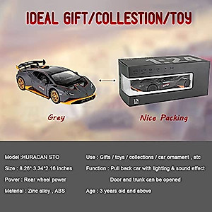 1:24 Alloy Diecast Car Model for Lamborghini Huracan STO 2021 Toy Car, Pull Back Vehicles Model Cars Toy for Kids 3 to 12 Years Old Gift Adult Collection Car Model with Sound & Light (Advanced Grey)