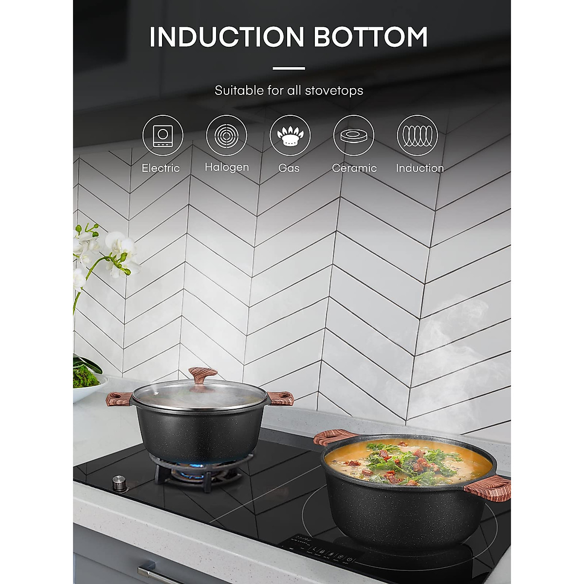 D.Perlla Stock Pot 6-Quart With Glass Lid, Nonstick Granite Aluminum Soup Pot, PFOA free, Dishwasher Safe and Oven Safe Cooking Pot, Induction Pot Compatible with all Stoves, Large Capacity for Stock