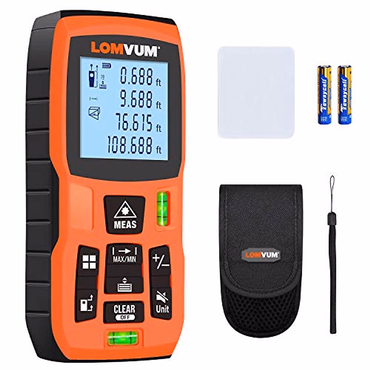 Laser Measure 393Ft - LOMVUM Laser Tape Measure Laser Measurement Tool with M/in/Ft Unit Switching, Backlit LCD, Pythagorean Mode, Measure Distance, Area and Volume - Carry Pouch and Battery Included