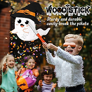 MUWOOB Halloween Ghost Pinata, Halloween Piñata with 100 pcs Halloween Tattoos, Stick Blindfold and Confetti, Cute Halloween Birthday Pinata Party Games Decorations for Kids Adults (Ghost with Hat)