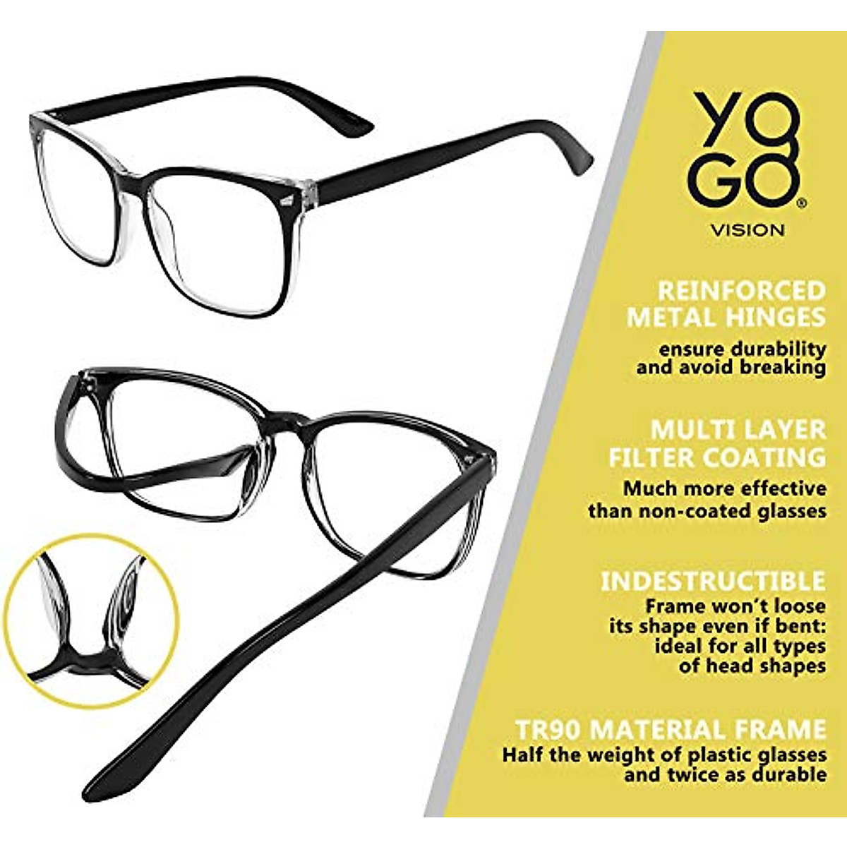 Yogo Vision Blue Light Blocking Computer Glasses Anti Glare Reduce Eyestrain Eyeglasses for Computers Screens for Men and Women (5 pack)