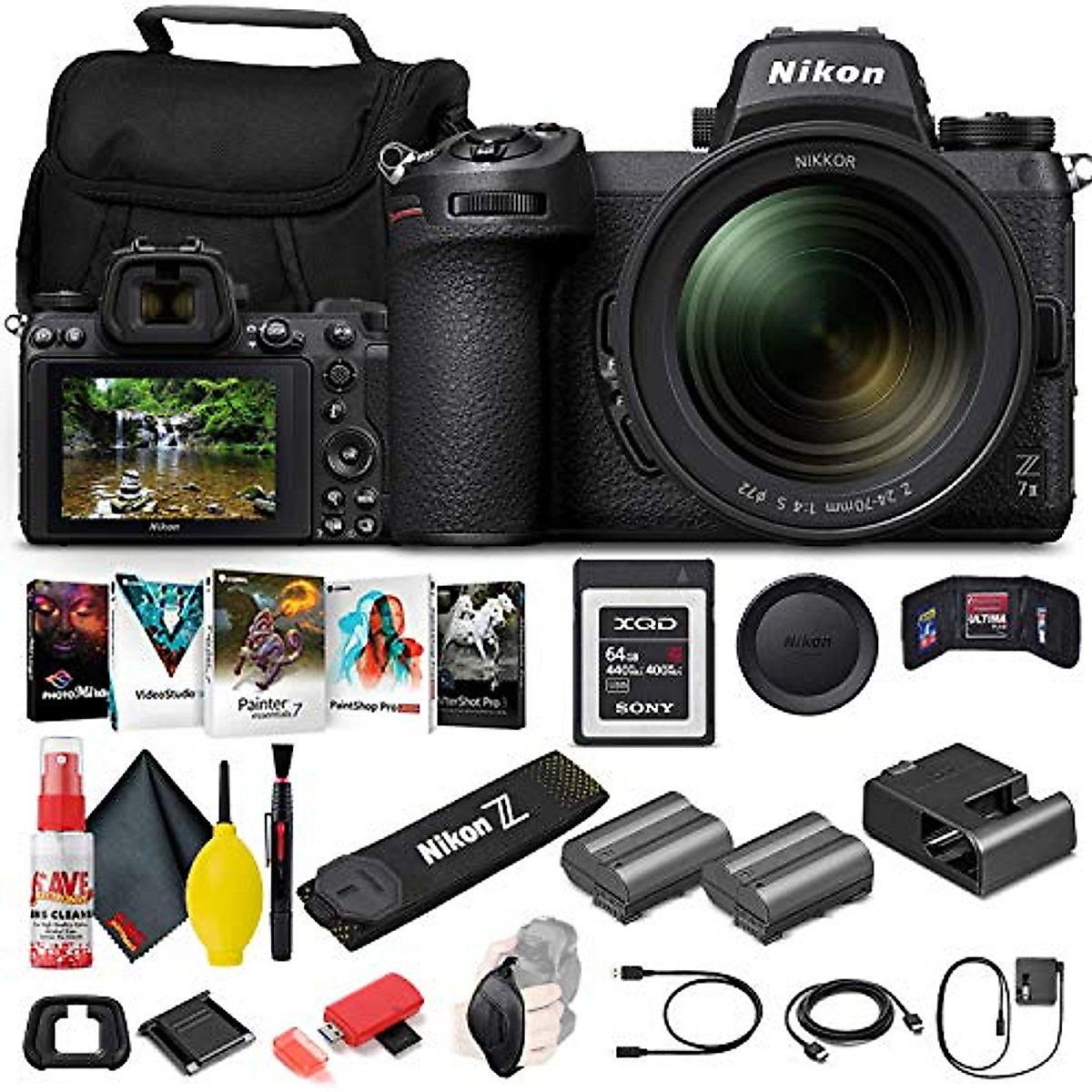 Nikon Z 7II Mirrorless Digital Camera 45.7MP with 24-70mm f/4 Lens (1656) + 64GB XQD Card + EN-EL15c Battery + Corel Software + Case + HDMI Cable + Card Reader + More - International Model (Renewed)