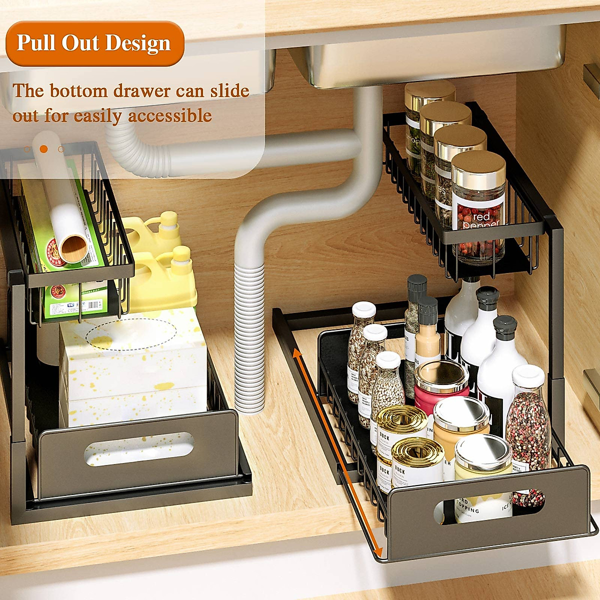 Under Sink Organizers and Storage Pull Out Cabinet Organizer and Storage Metal 2 Tier Under Sink Drawer Organizer Bottom Drawer Slide Out Under Sink Storage Shelf For Kitchen Bathroom, Black