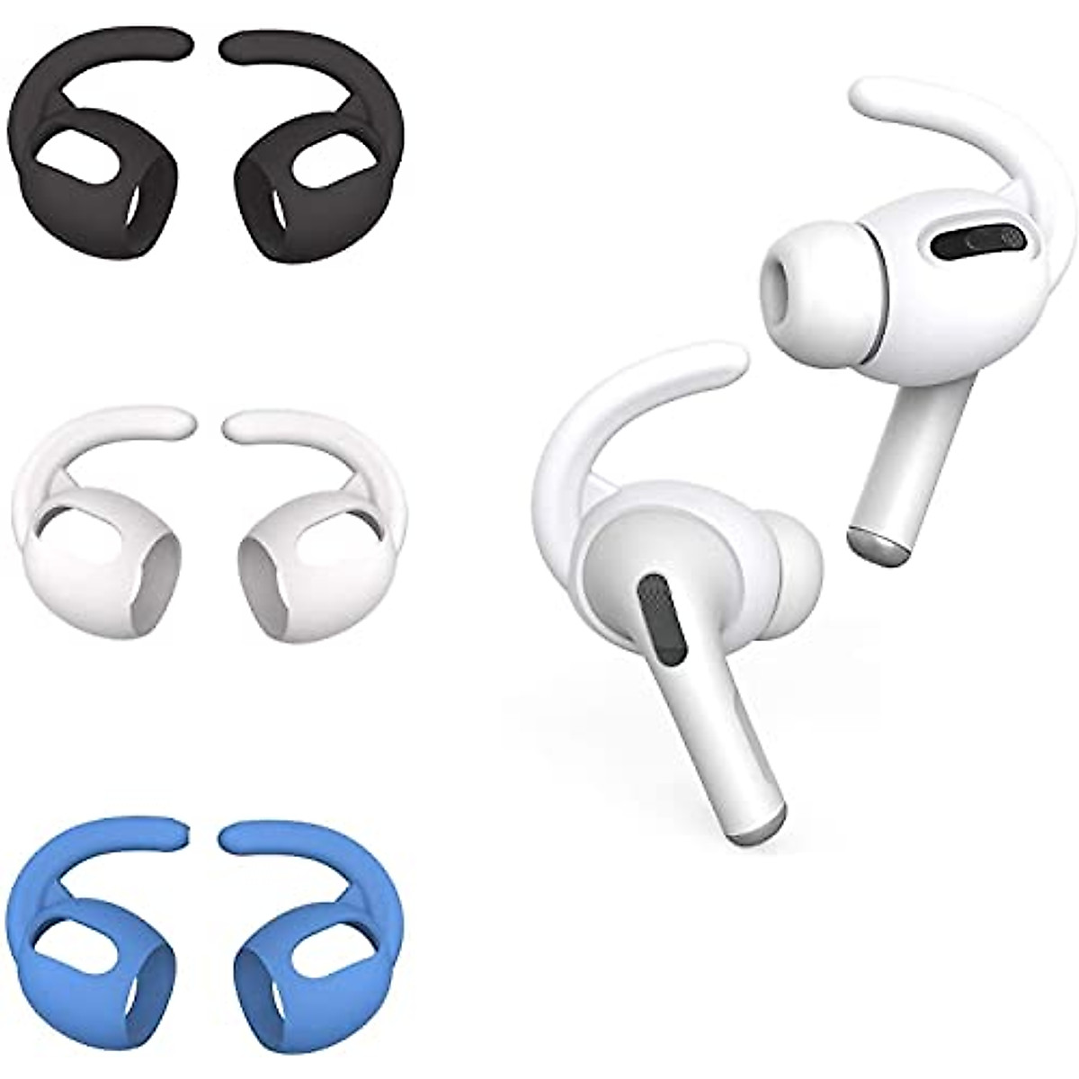 CANOPUS AirPods Pro Ear Hooks Compatible with Apple AirPods Pro, Anti-Slip Ear Covers Accessories (Not Fit in The Charging Case), 3 Pairs (White, Black & Blue) of Ear Tips with Silicone Storage Pouch