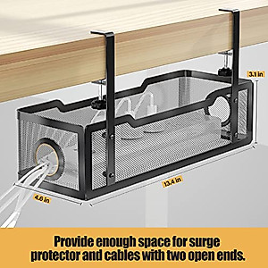 Under Desk Cable Management Tray Black, Cinati Cable Management Under Desk No Drill, Cable Tray with Clamp for Desk Wire Management,Desk Cable Management Box for Office, Home - No Damage to Desk