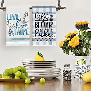 Artoid Mode Buffalo Plaid Stripes Anchors Lake Summer Kitchen Towels Dish Towels, 18x26 Inch Seasonal Decoration Hand Towels Set of 4