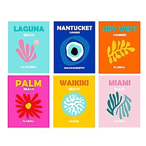 Preppy Travel Prints No.16 Wall Art Decor - 8x10 UNFRAMED Abstract Aesthetic Boho Indie Matisse-Inspired Gift for Girls,Teens,Women. Set of 6 USA Beaches.