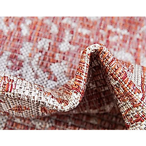 Rugs.com Outdoor Traditional Collection Rug – 4 Ft Round Rust Red Flatweave Rug Perfect for Kitchens, Dining Rooms