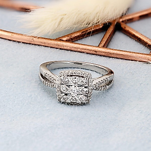 Diamond Wish 1/2 Carat Diamond Cushion Shape Halo Cluster Ring for Women in 10k White Gold (H-I, I2-I3, cttw) Anniversary Engagement Promise Ring Size 7