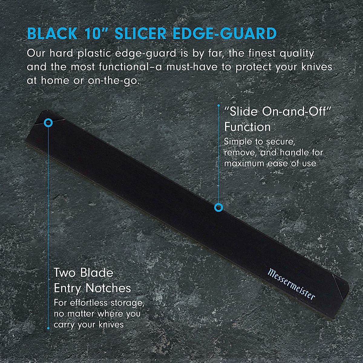 Messermeister 10” Slicer Edge-Guard, Black - Fashionable & Functional Knife Protector for Carving & Slim-Blade Knives - 2 Blade Entry Notches - 10.5” x 0.9375”