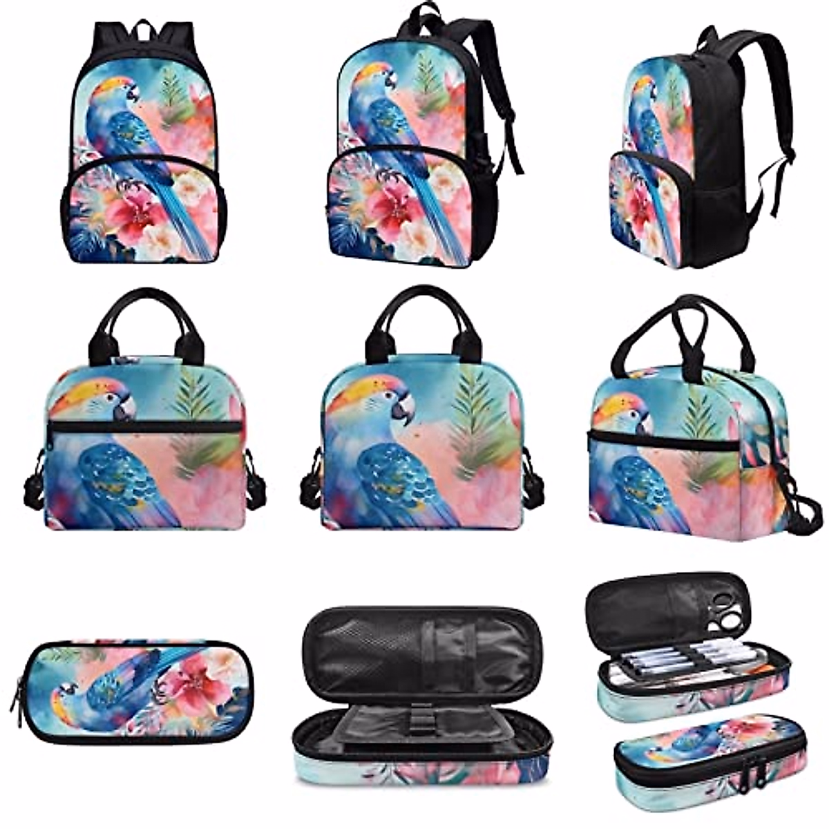 Parprinty Blue Floral Bird Parrot Backpack Set for Girls Kids Lightweight Cute School Backpack with Lunch Box Pencil Case Adjustable Strap Padded Book Bag Insulated Lunch Bag