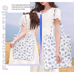 LHMTQVK Corduroy Tote Bags for Women, Large Capacity Corduroy Bag Reusable Grocery Shoulder Bag with Inner Pockets(Forget Me Not)