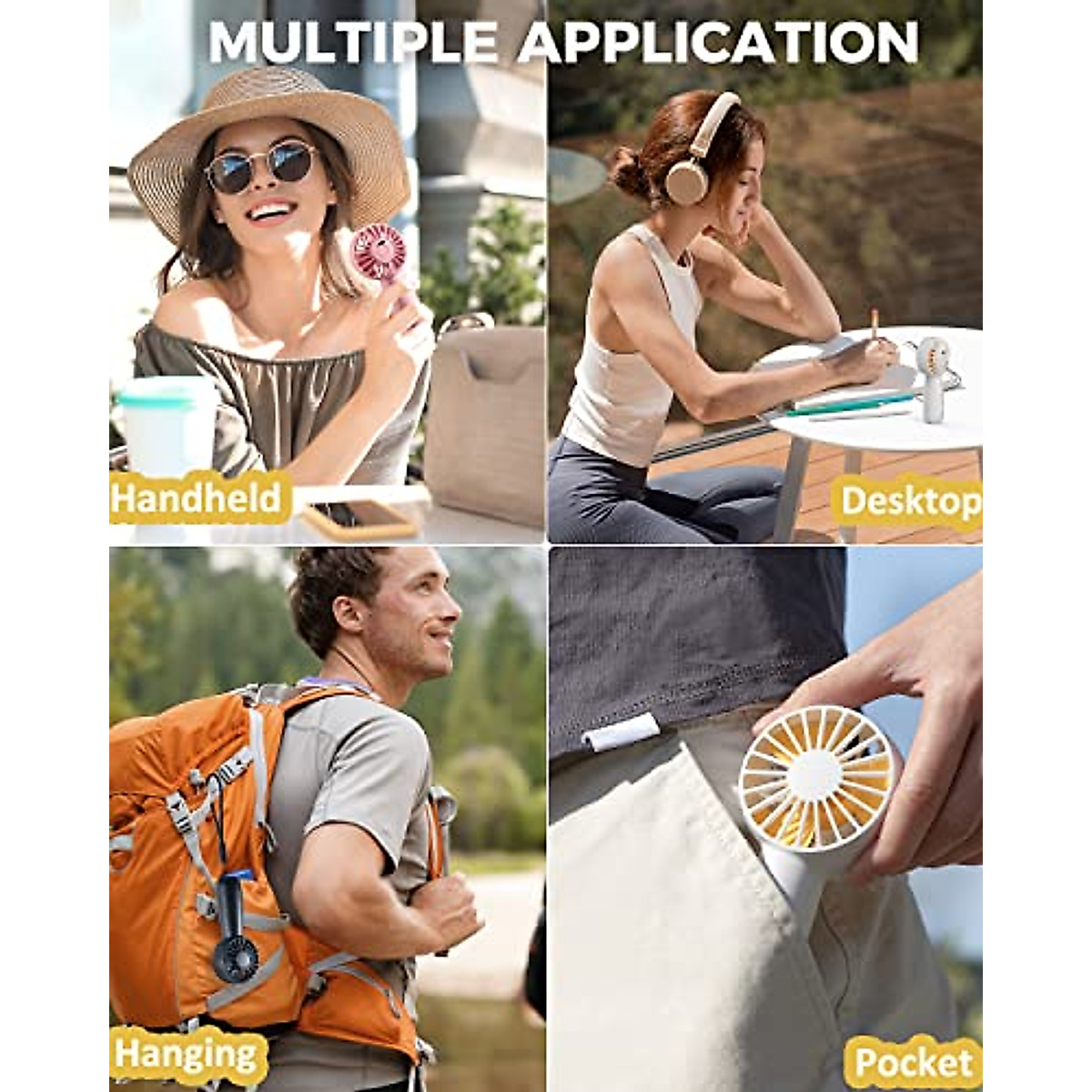 RJVW Portable Handheld Fan Mini Fan, Personal Hand Held Fan, USB Rechargeable Small Portable Fan, 3 Speeds Battery Operated Pocket Mini Fan, Powerful Makeup Eyelash Fan for Travel Beach Outdoor