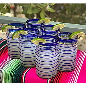 Hand Blown Mexican Drinking Glasses – Set of 6 Glasses with Cobalt Blue Spiral Design (14 oz each)