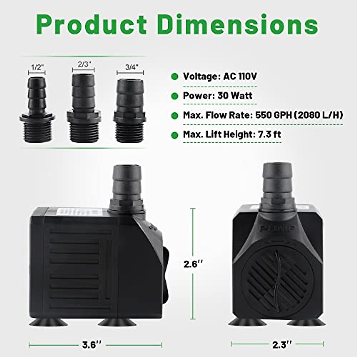 Yochaqute Aquarium Submersible Water Pump: 550GPH 30W Quiet Mini Adjustable with 6ft Power Cord for Hydroponics | Garden Waterfall | Pond | Fish Tank| Fountain