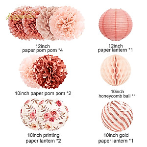 NICROLANDEE Wedding Decorations, 12PCS Rose Gold Paper Lanterns Tissue Pom Poms Confetti Decor for Bridal Shower Bachelorette Valentines Party, Rose Gold Pink Girl Birthday Party Decoration
